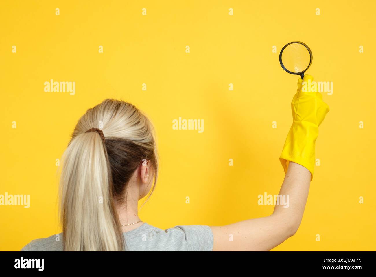 housekeeping cleaning service woman hand magnifier Stock Photo - Alamy