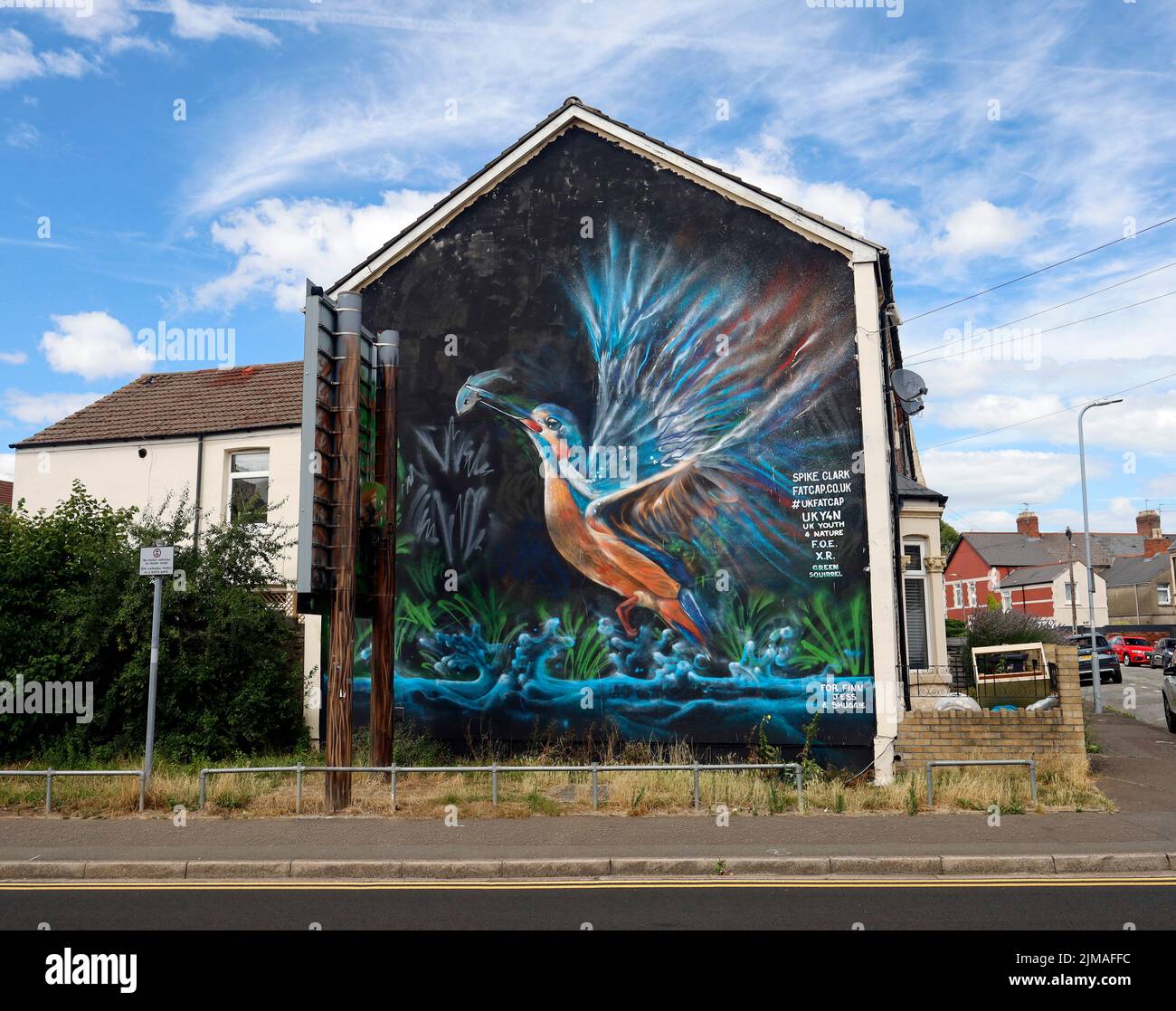 Kingfisher with fish in its beak, painted on the side of a house ...