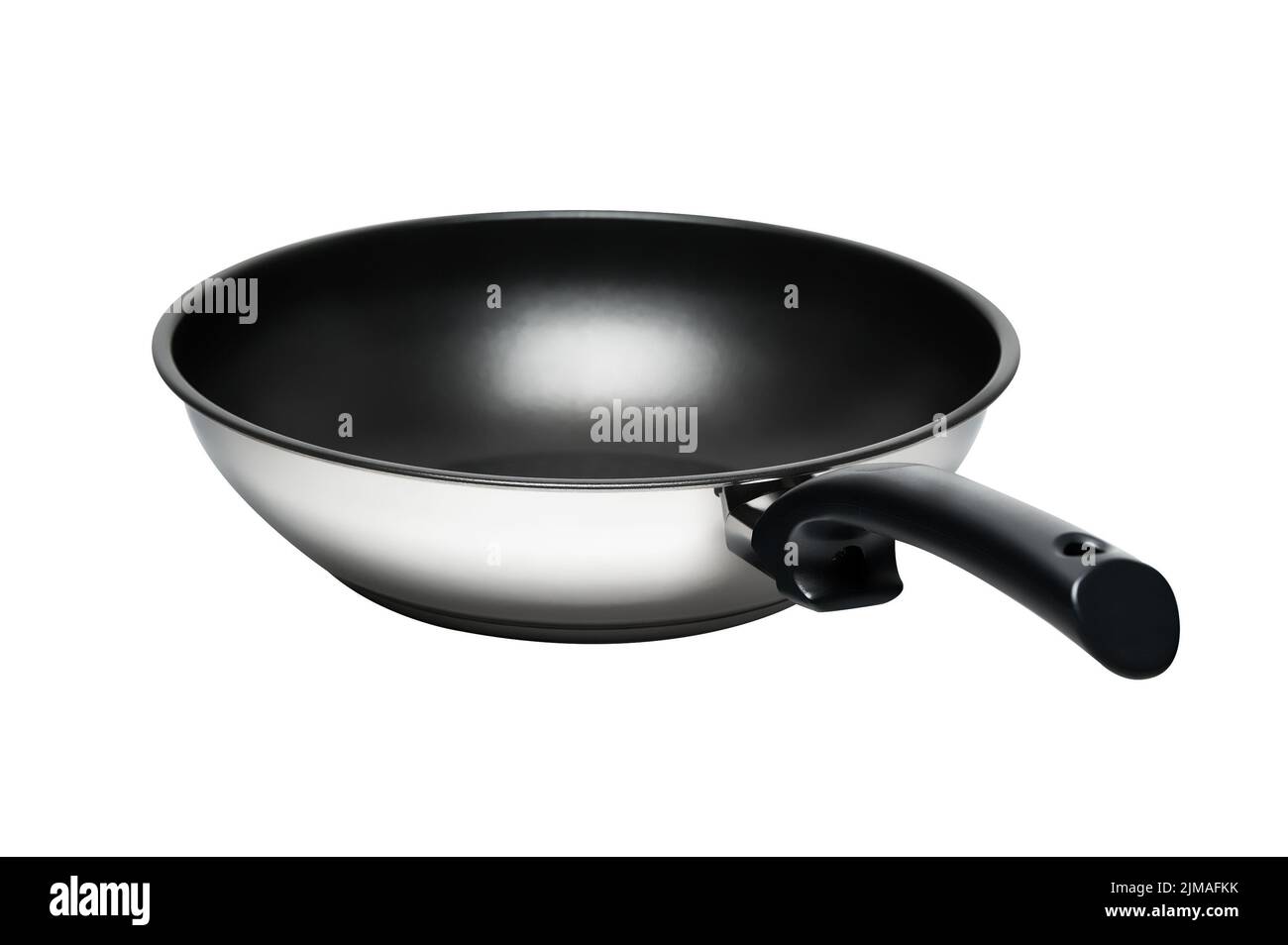 Front view of black and white frying pan isolated on white background ...