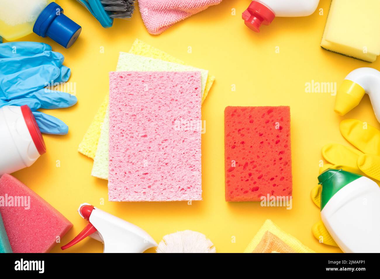 kitchen cleaning set background sponge chemical Stock Photo - Alamy