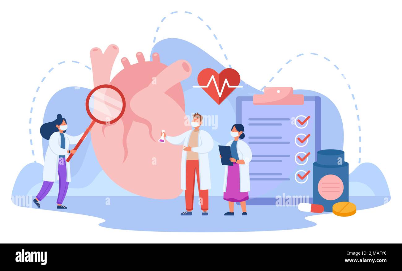 Tiny doctors studying huge human heart. Cardiologists examining patient ...