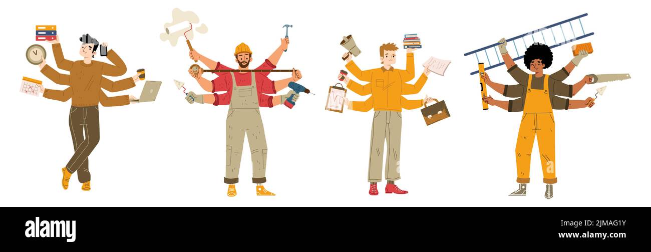 Diverse people with many hands. Multitask, workaholic with multiple ...