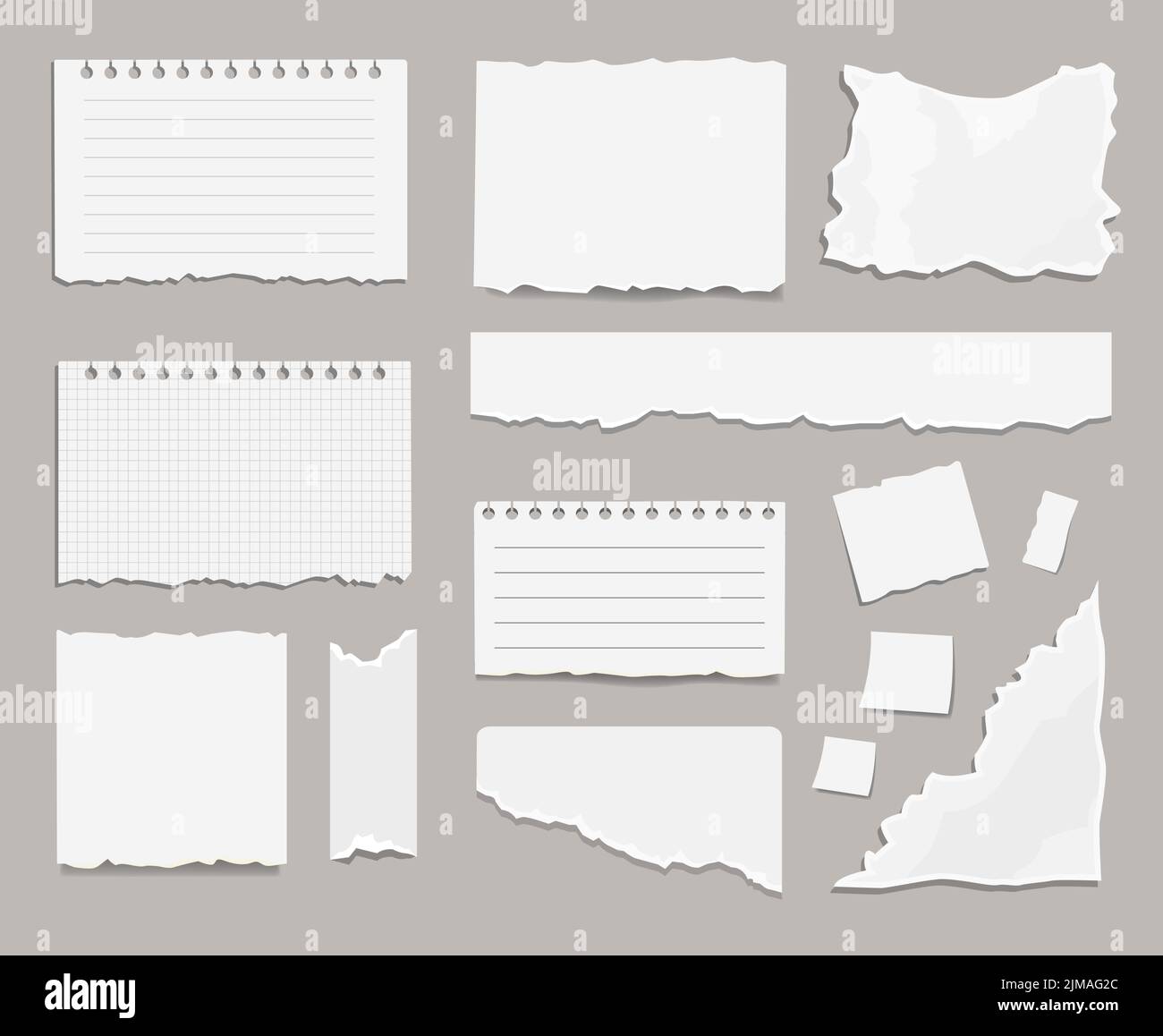 Torn white paper scraps cartoon illustration set. Ragged square pieces of notebook sheets ...