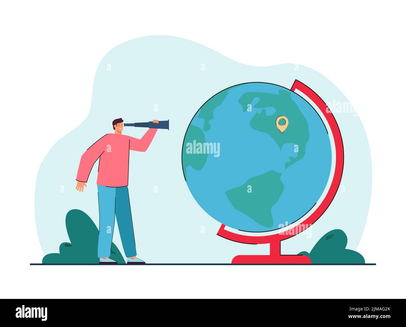 Traveler with spyglass looking at huge globe with location pin. Man ...
