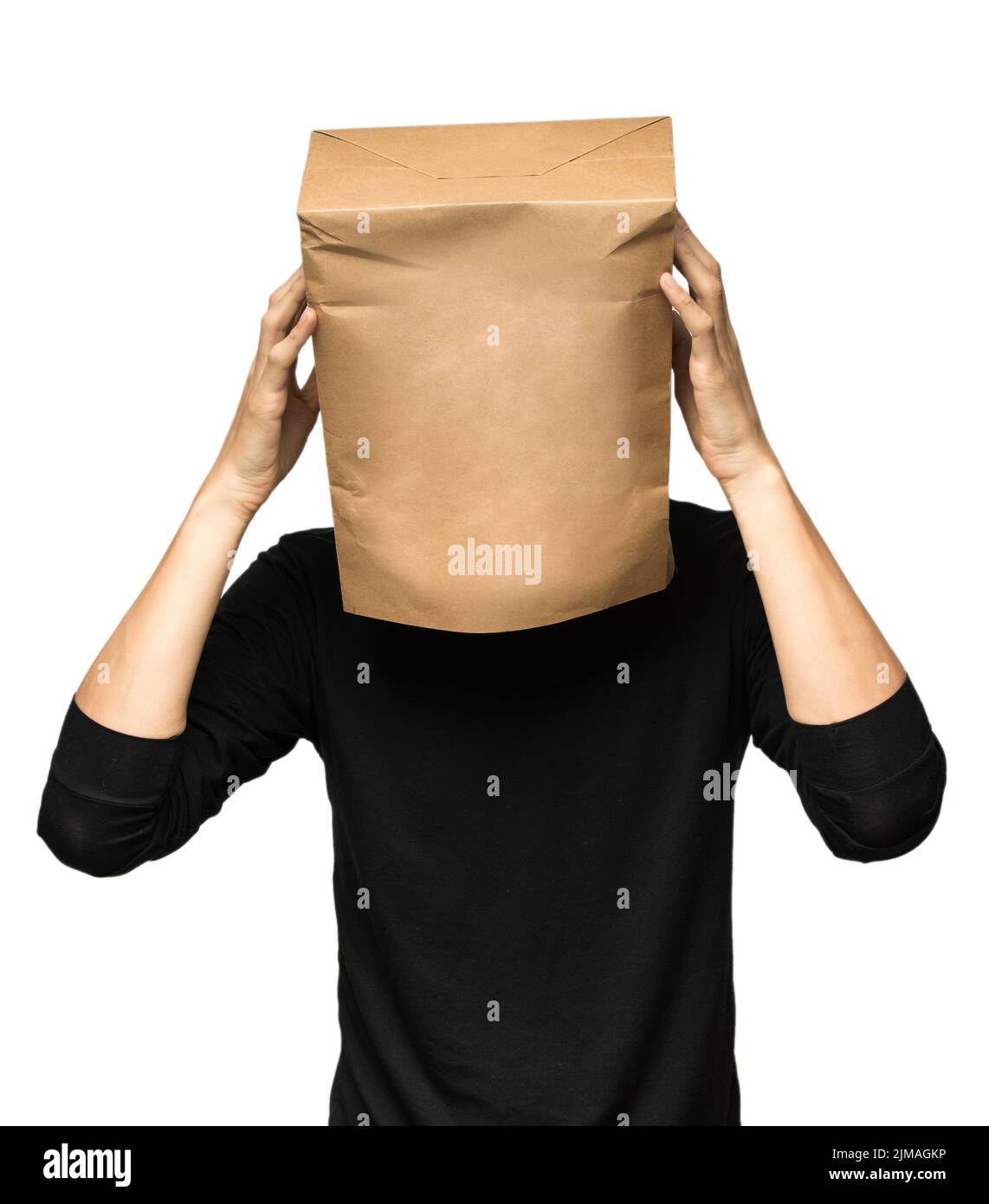 Young man covering his head using a paper bag. Man thinking Stock Photo ...