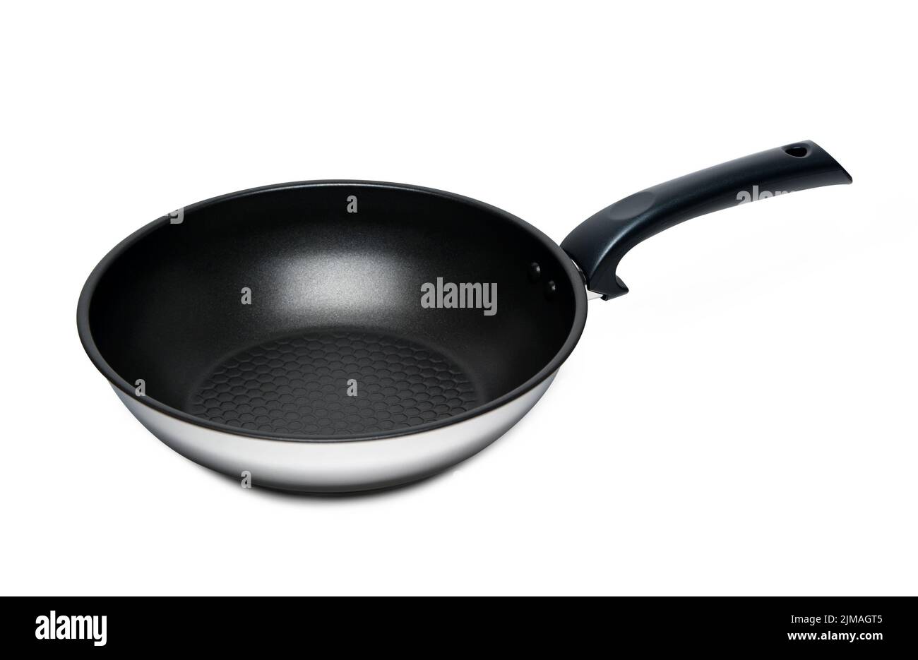 Front view of black and white frying pan isolated on white background ...