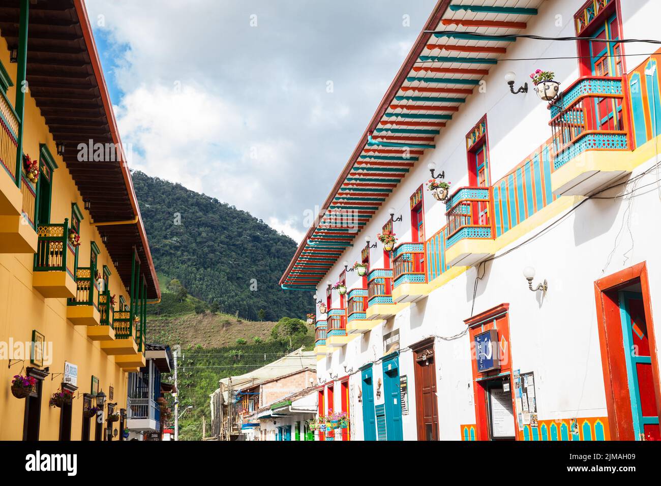 JARDIN, COLOMBIA - NOVEMBER, 2017: Beautiful houses next to the central ...