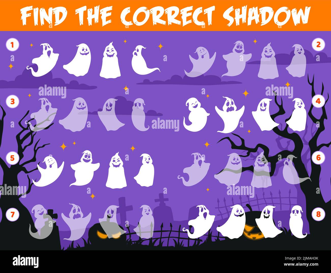 Shadow matching game, Halloween ghosts on cemetery, vector kids puzzle ...