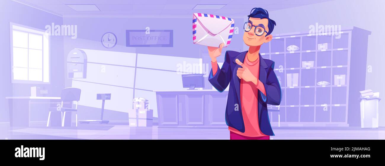 Man show envelope in post office interior with reception desk and ...