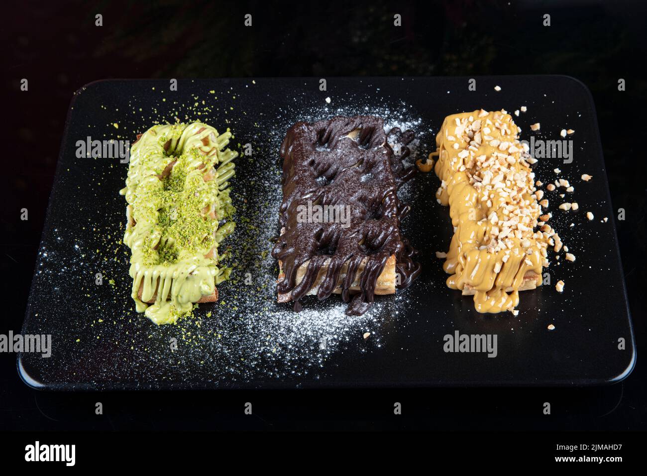 Belgian waffles with strawberries, ice cream and chocolate, Plate of ...