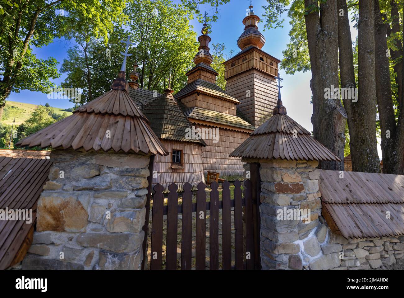 Old orthodox church under the trees on the hill at clear day Stock ...