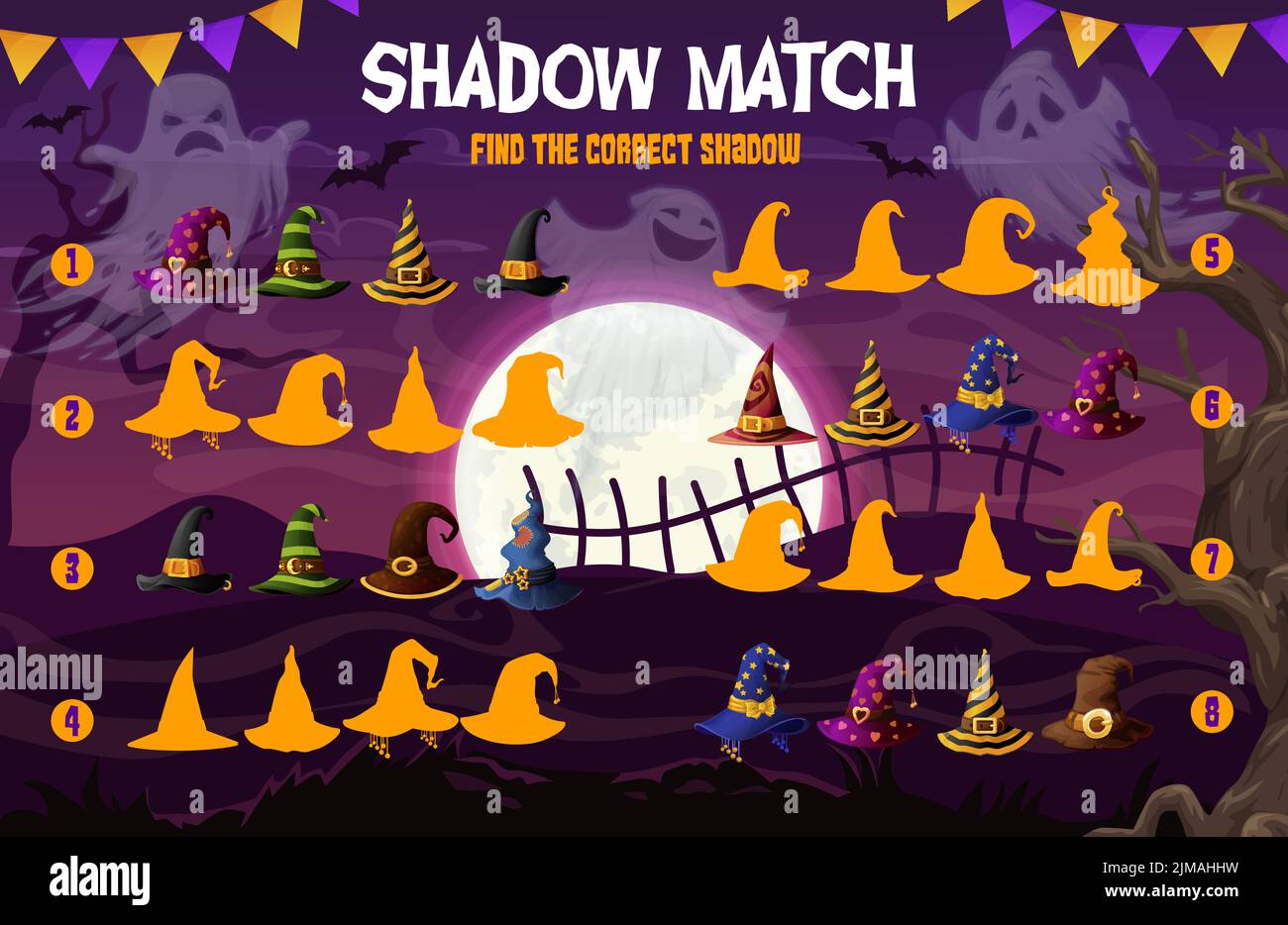 Halloween shadow match game, ghosts, witch and wizard hats on cemetery ...