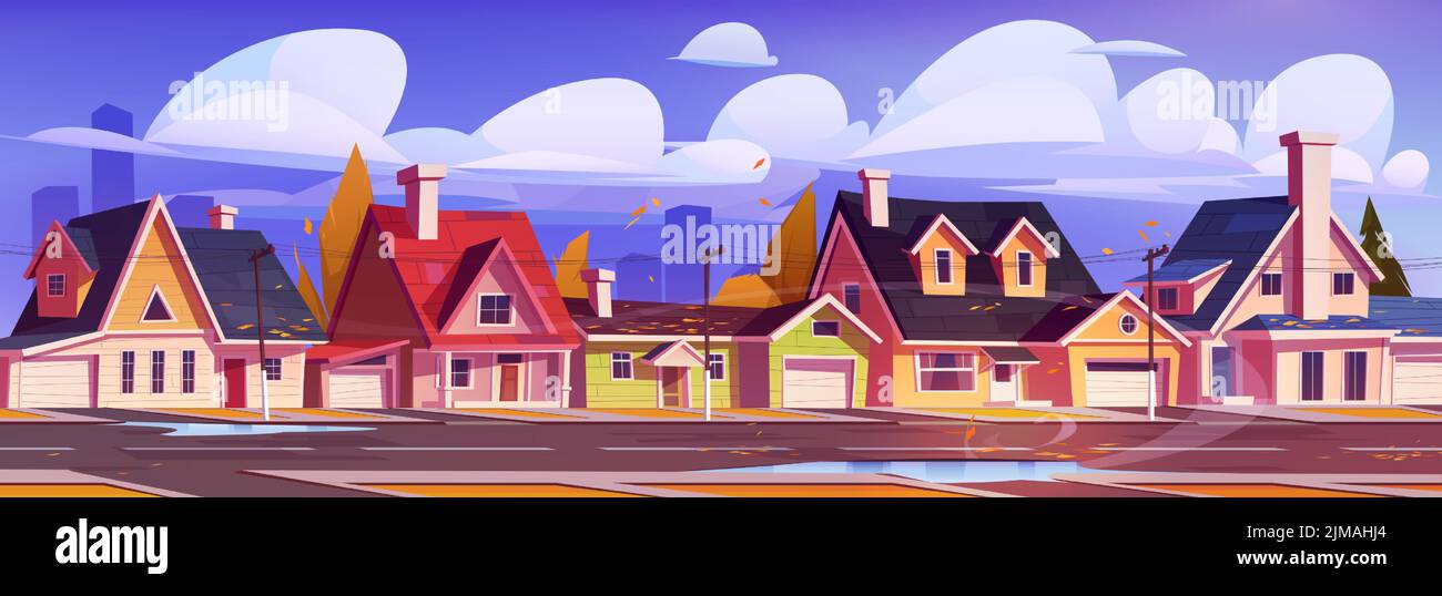 Suburban street with cottage houses at autumn day. Residential suburb ...