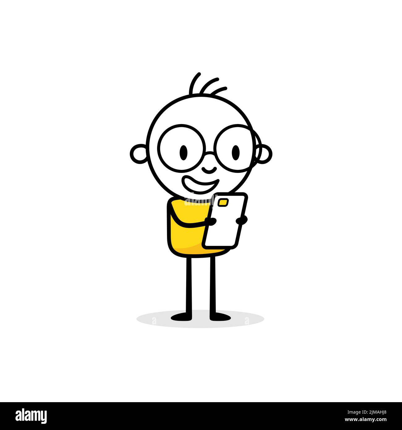 Businessman holds a mobile phone in his hands. Hand drawn doodle man ...