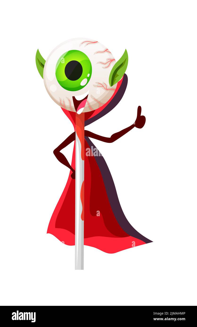 Cartoon Halloween vampire lollipop, vector funny eyeball candy with streaks, peaked green ears ...