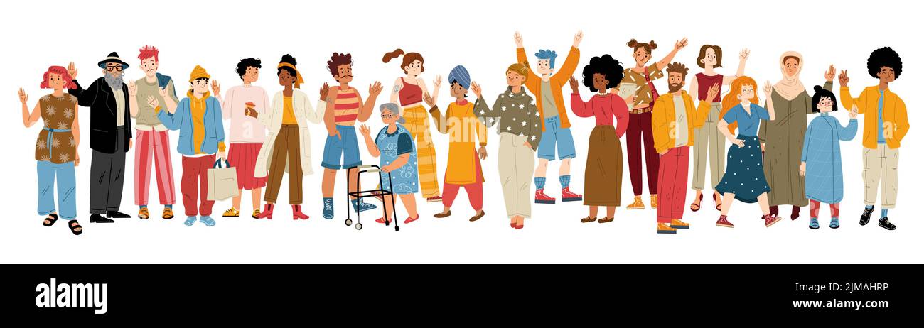 People crowd, diverse characters waving hand. Multiracial community ... People crowd, diverse characters waving hand. Multiracial community ...