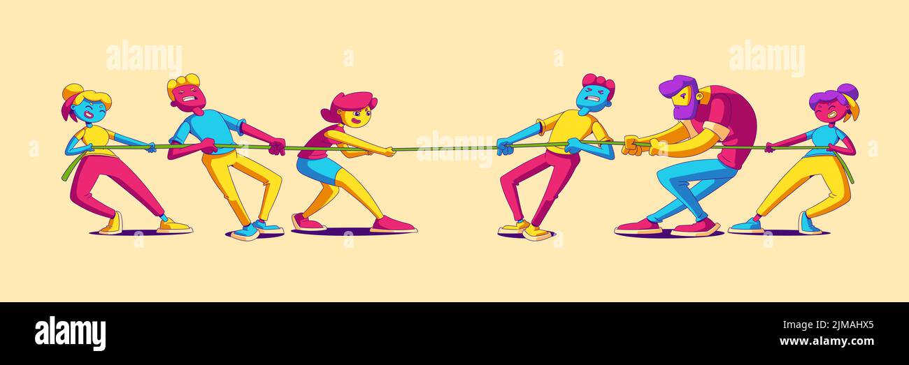 Business teams tug of war battle, opposite groups pull rope during ...