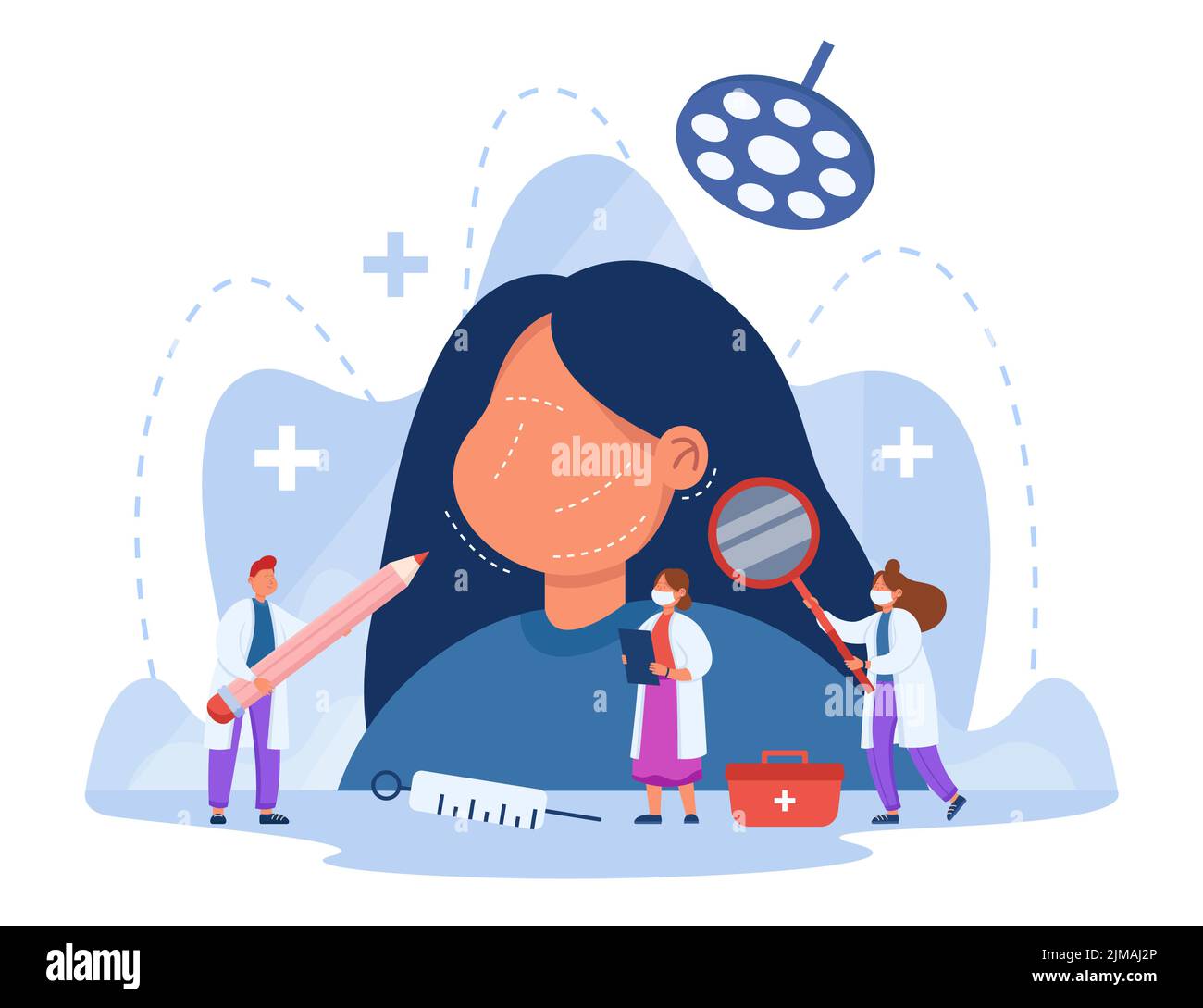 Tiny doctors examining huge patients face before surgery. Plastic ...