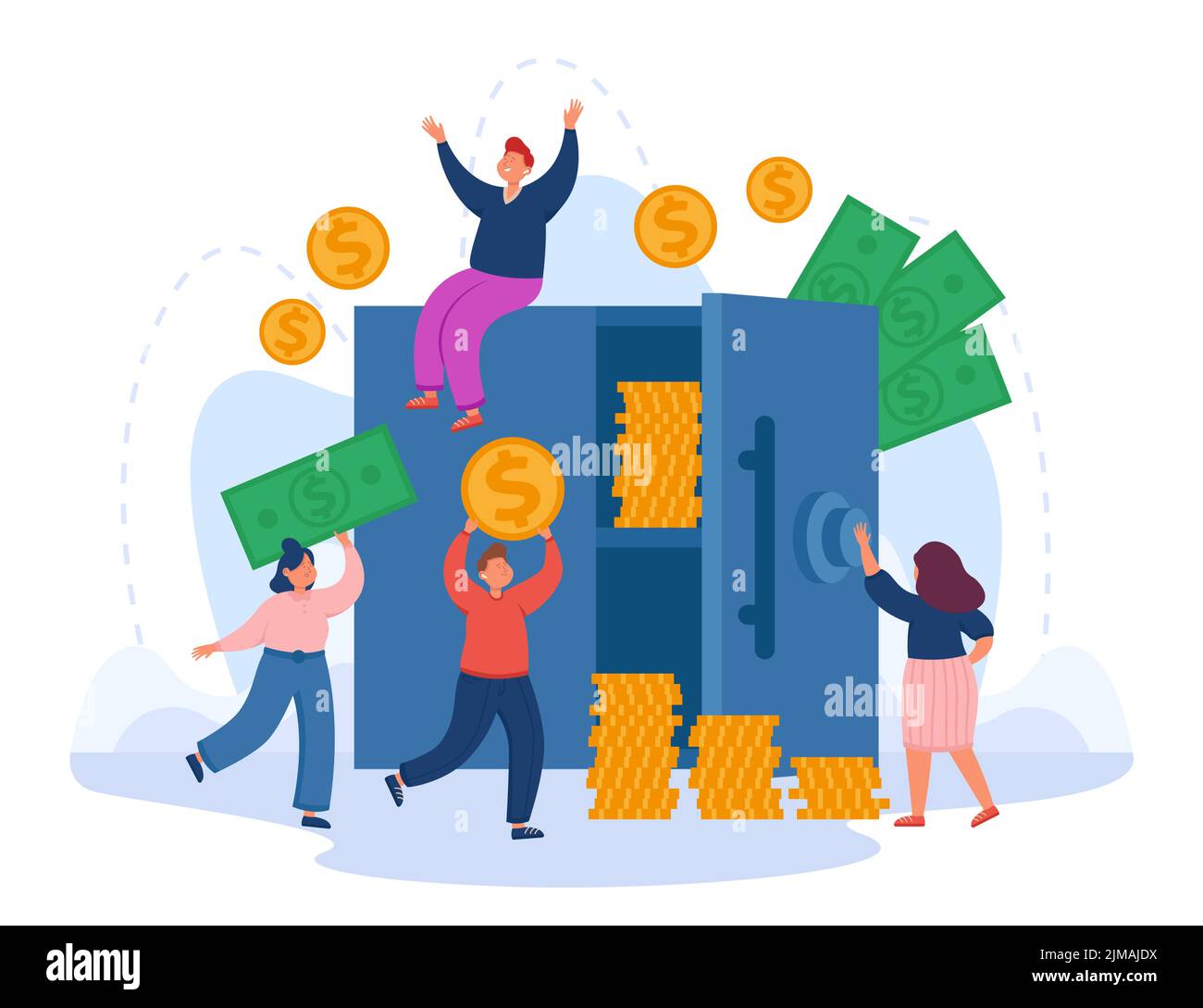 Tiny people around safe bank with money flat vector illustration. Happy ...