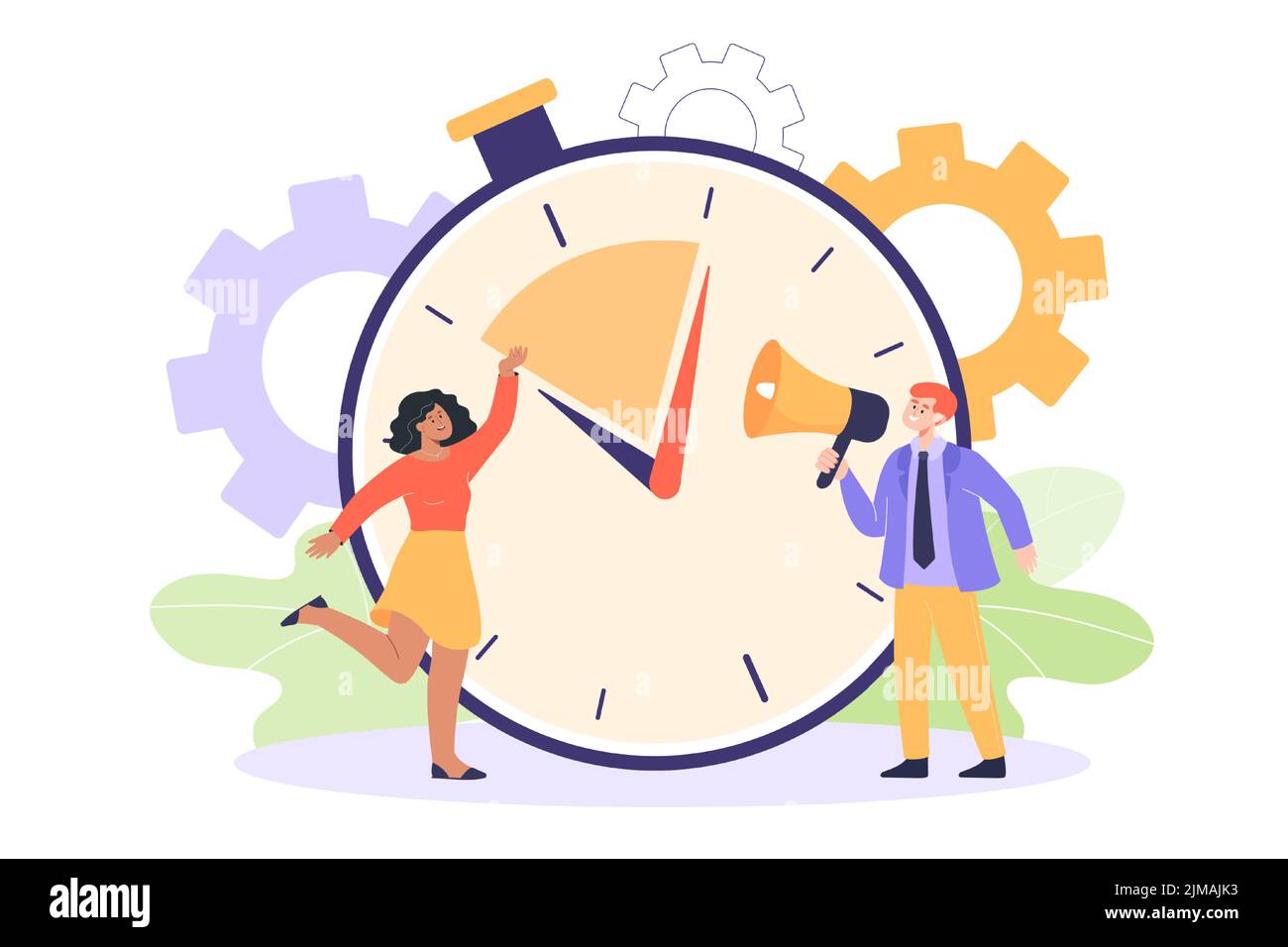 Tiny man and woman in background of huge timer. Man with loudspeaker ...