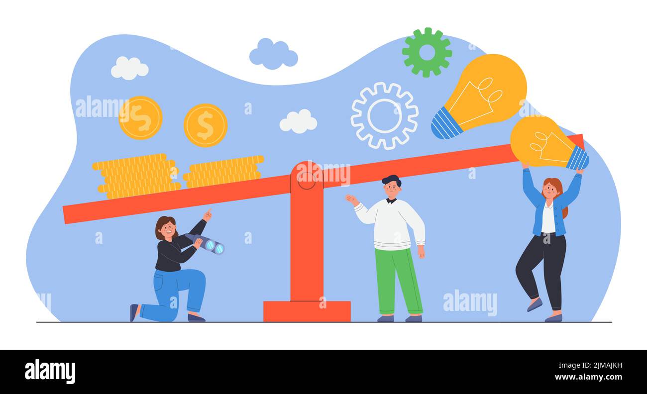 Tiny people measuring money and light bulbs on scales. Characters ...
