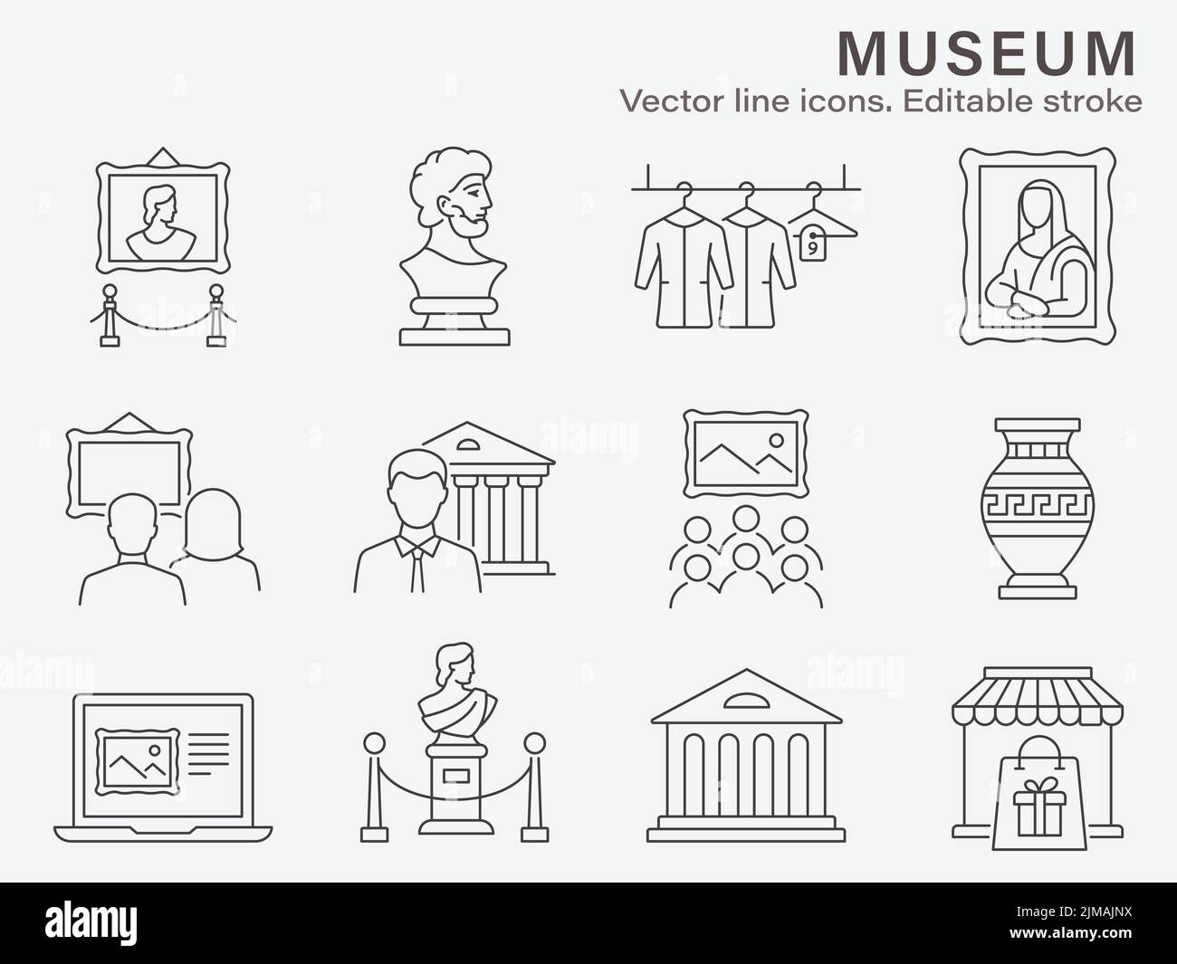 Museum icon set. Collection of statue, history, antique, gallery and ...
