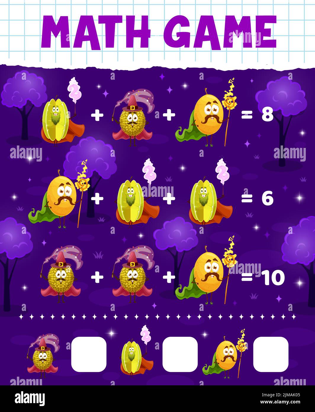 Carambola, durian and melon wizard characters math game worksheet ...