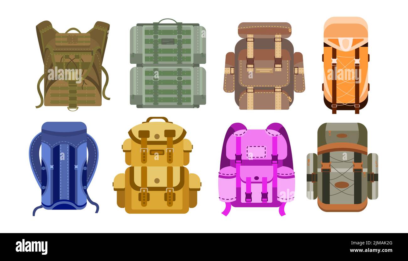Various camping and hiking backpacks cartoon illustration set. Bags ...