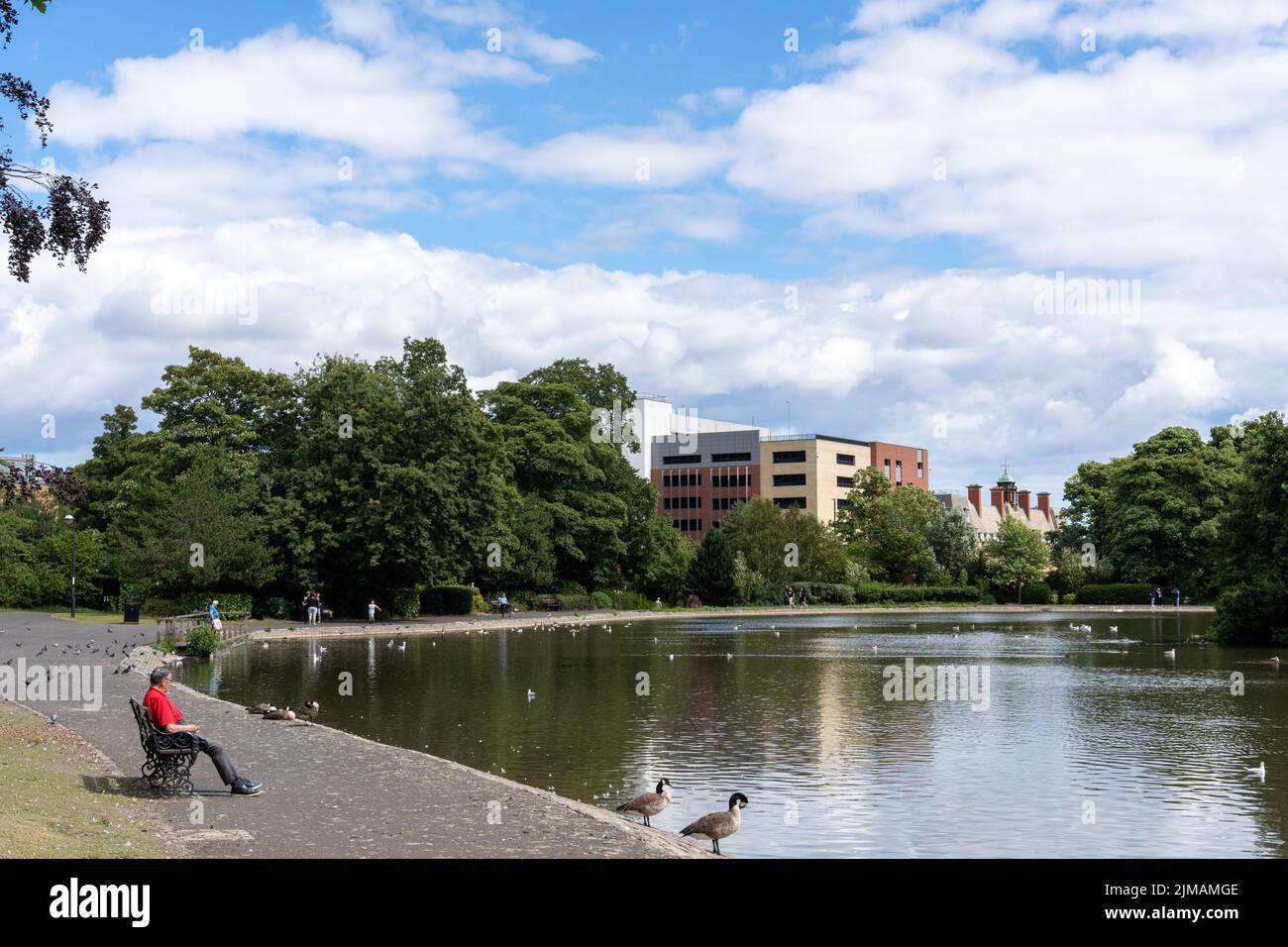 A view of the lake at Leazes Park, Newcastle upon Tyne, UK - a city ...