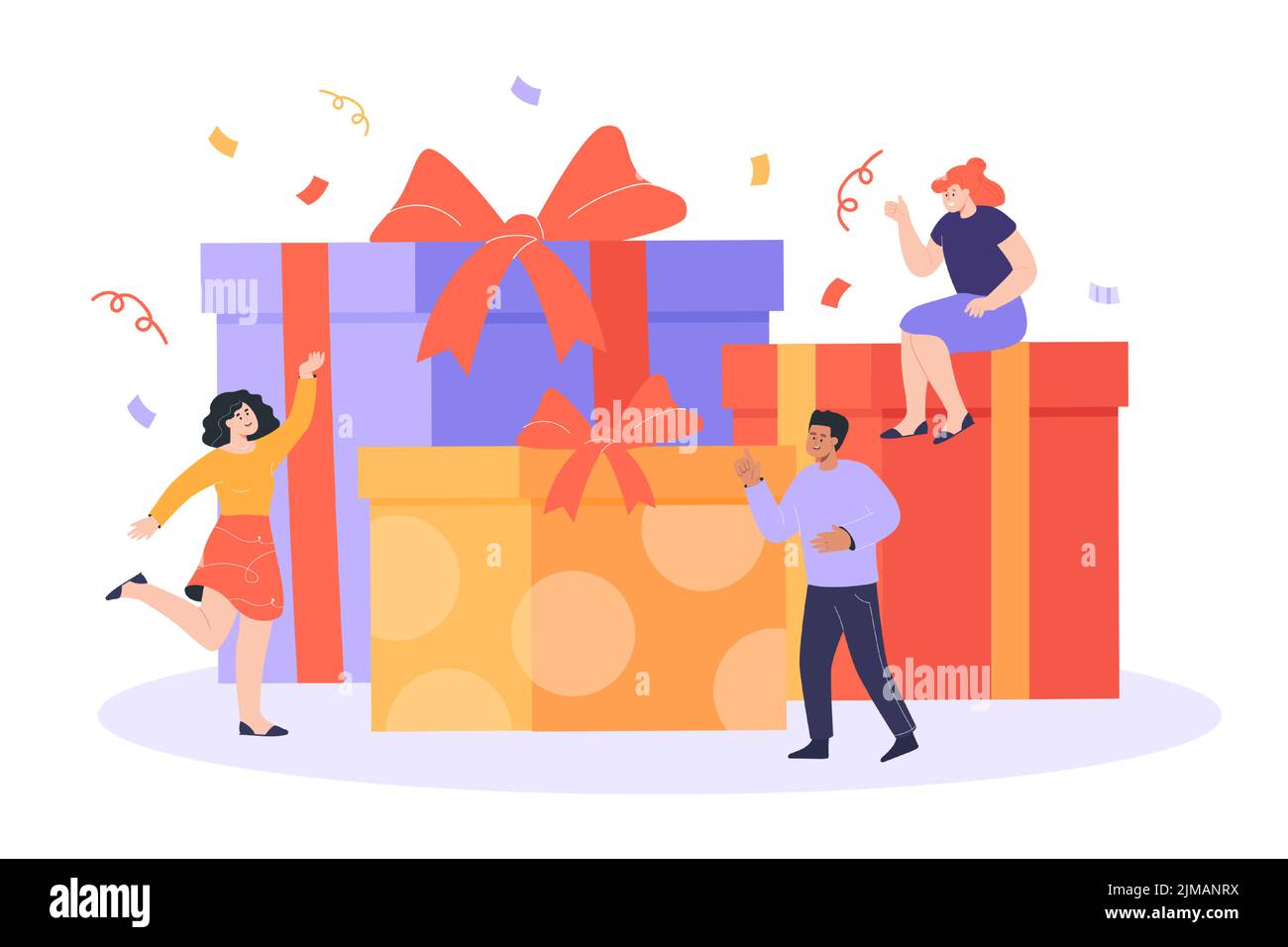 Tiny people with huge gift boxes flat vector illustration. People ...
