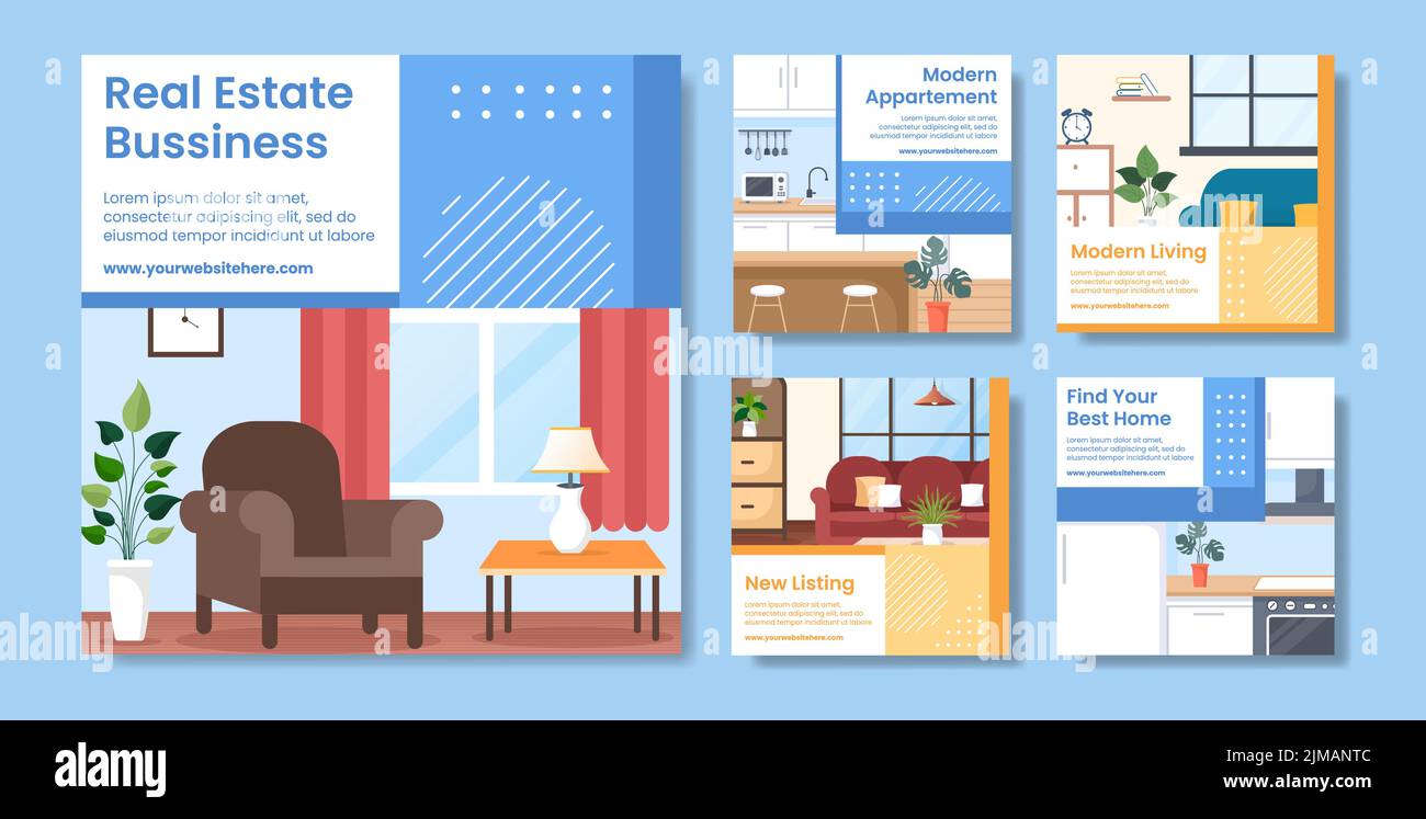 Real estate Social Media Post Template Flat Cartoon Background Vector ...