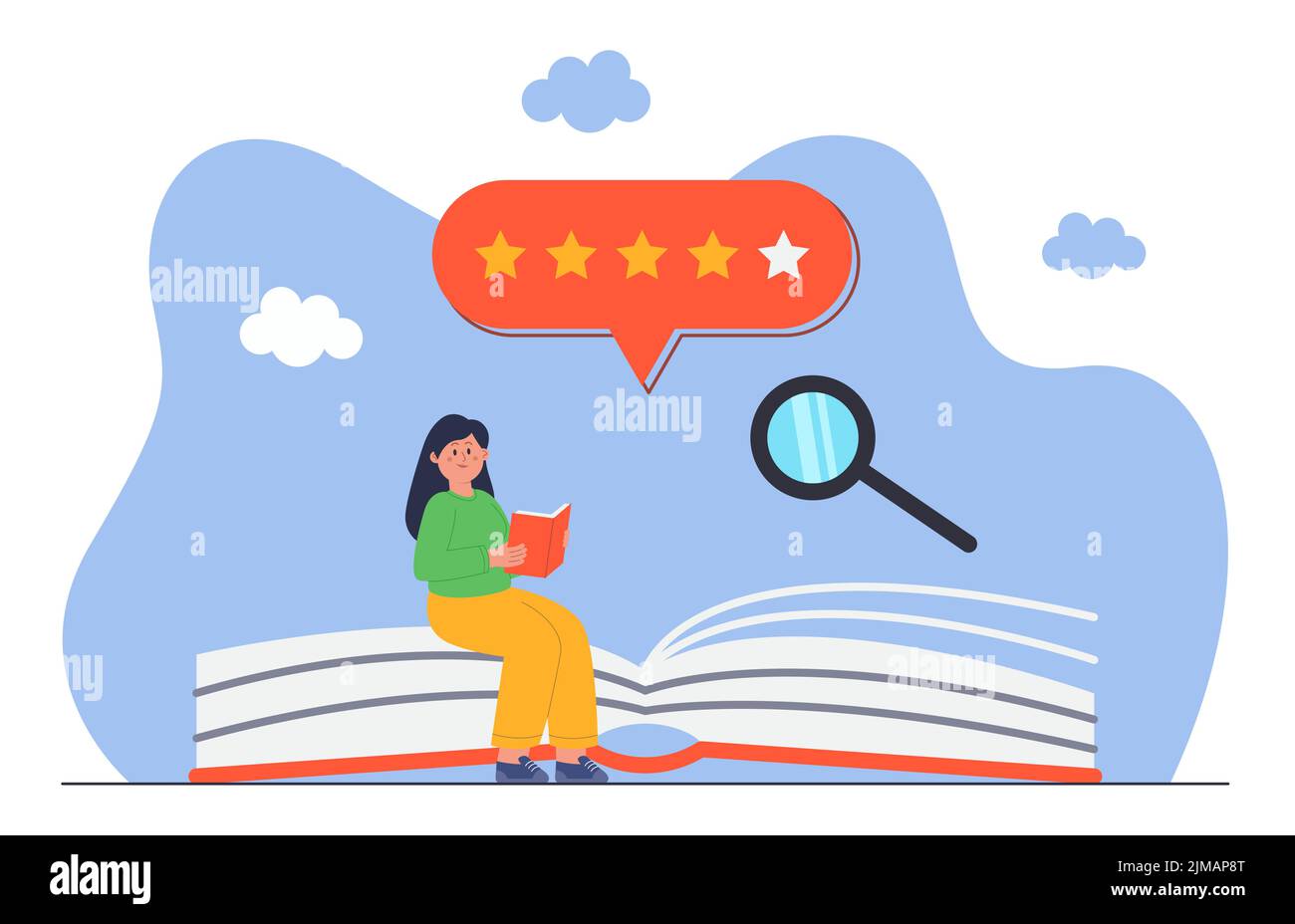 Tiny woman reading while sitting on huge open book. Good customer ...