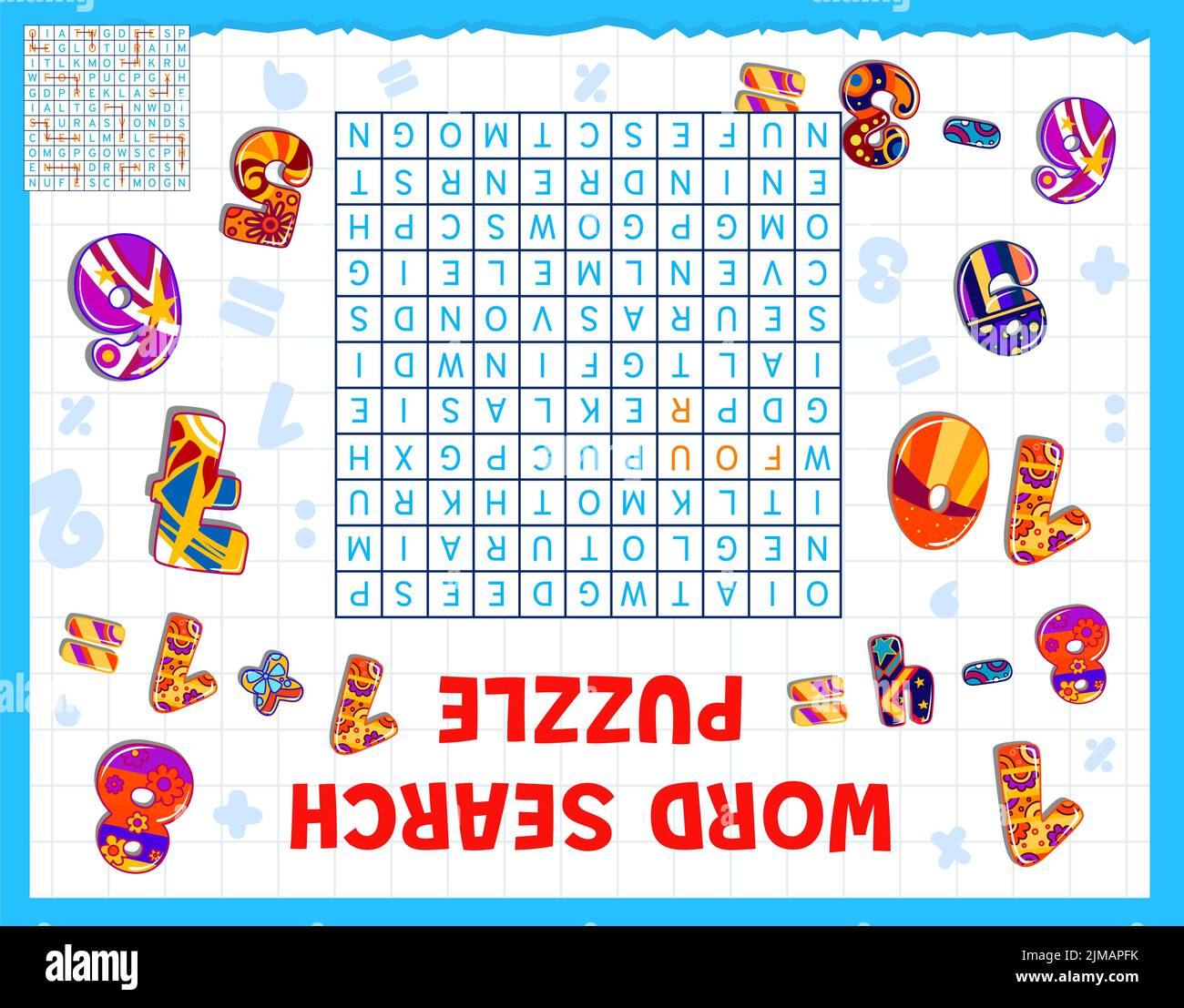Math numbers and digits word search puzzle game worksheet. Vector word ...