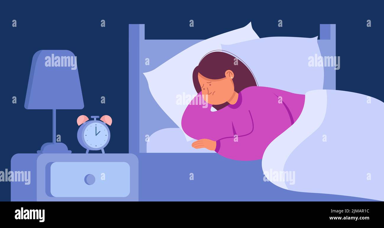 Woman suffering from insomnia flat vector illustration. Depressed and ...
