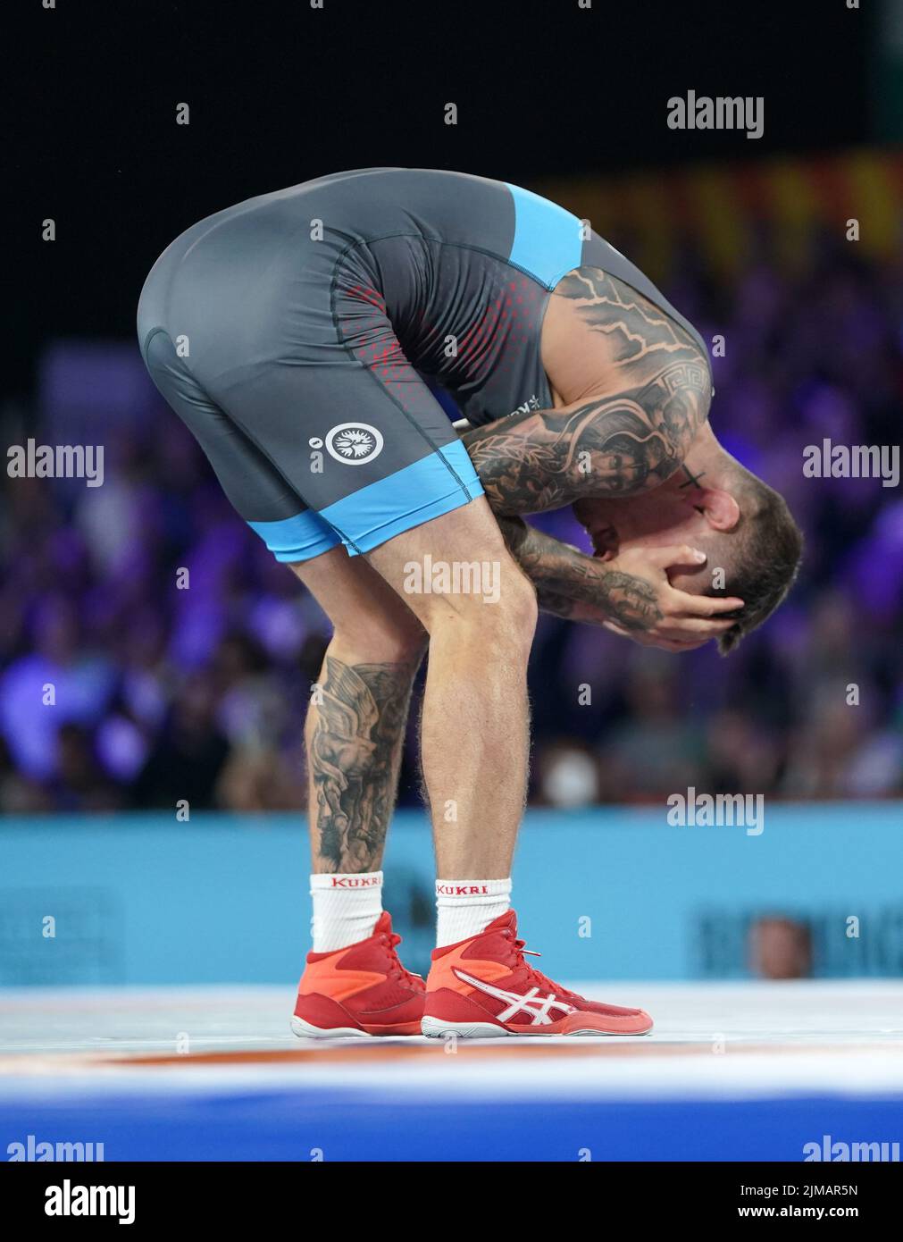 England's George Ramm celebrates winning Bronze in the Men's Freestyle ...