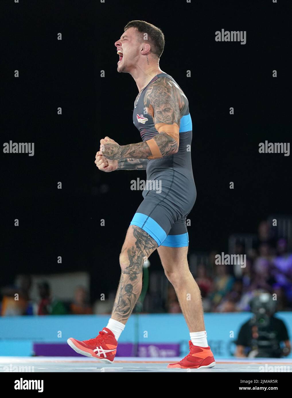 England's George Ramm celebrates winning Bronze in the Men's Freestyle ...