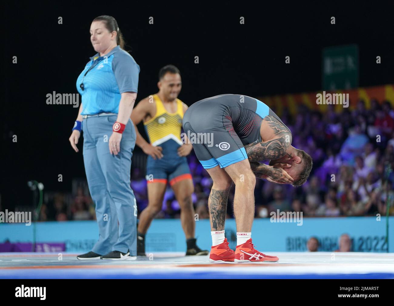 England's George Ramm celebrates winning Bronze in the Men's Freestyle ...