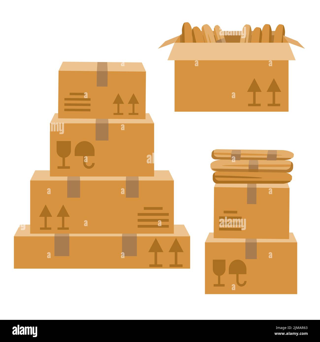 Vector illustration in a flat style. Pile of cardboard boxes isolated ...