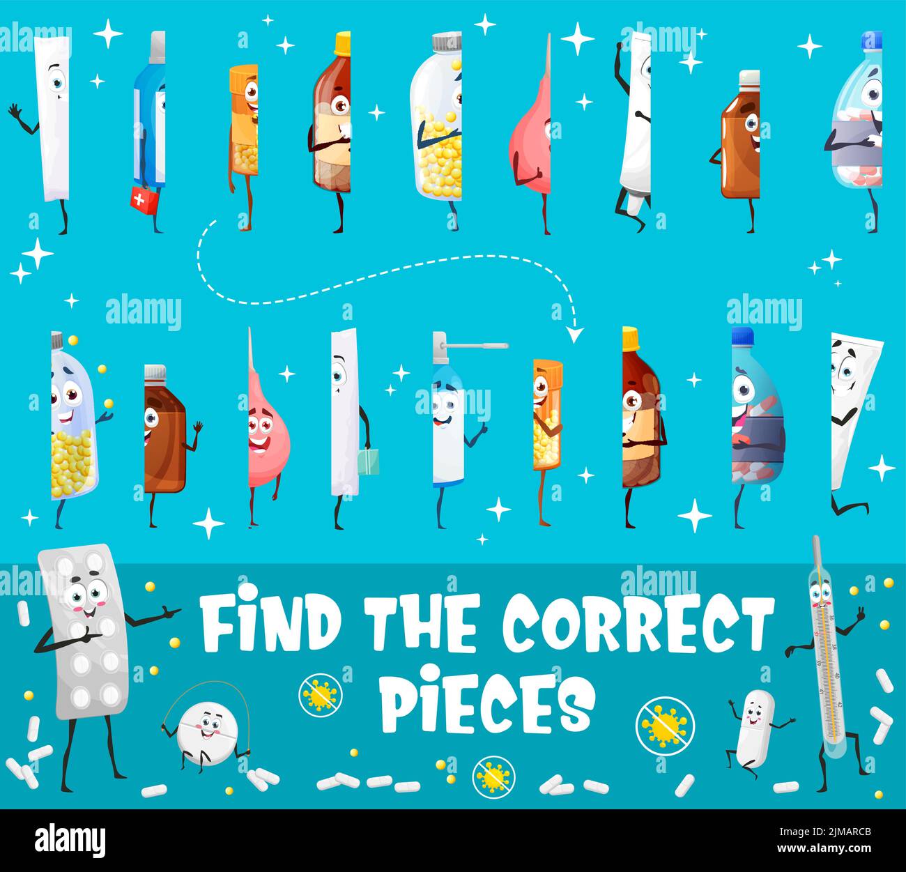 Find correct pieces, game worksheet with cartoon drugs, pills and ...