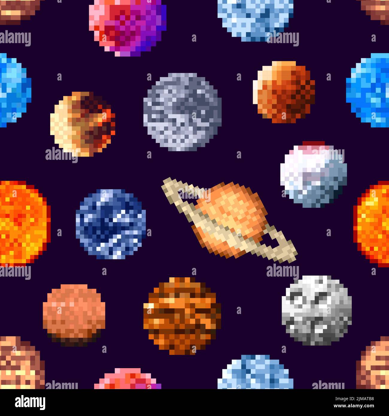8bit pixel art space planets and stars seamless pattern, vector ...