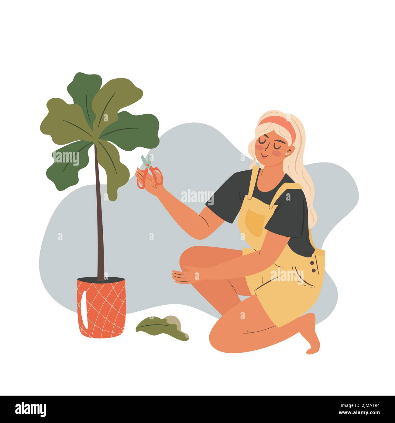 Woman cuts off dried leaves of a plant. Vector concept illustration ...