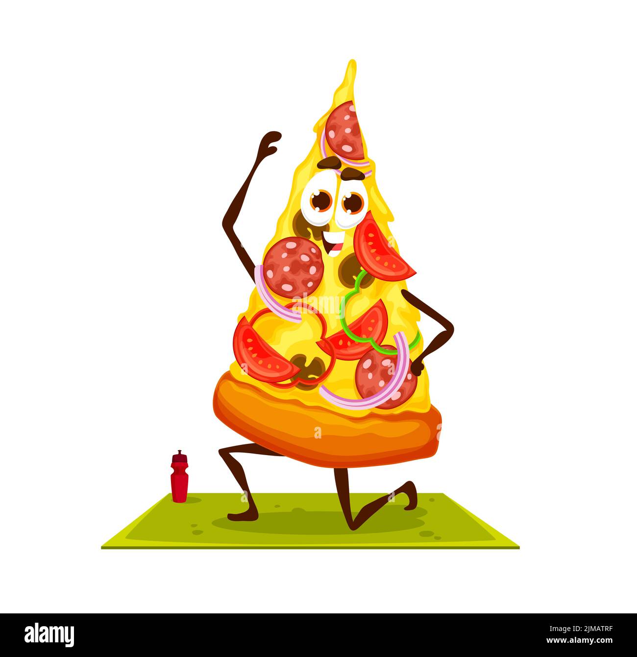 Cartoon funny pizza slice character on yoga fitness. Funny takeaway ...
