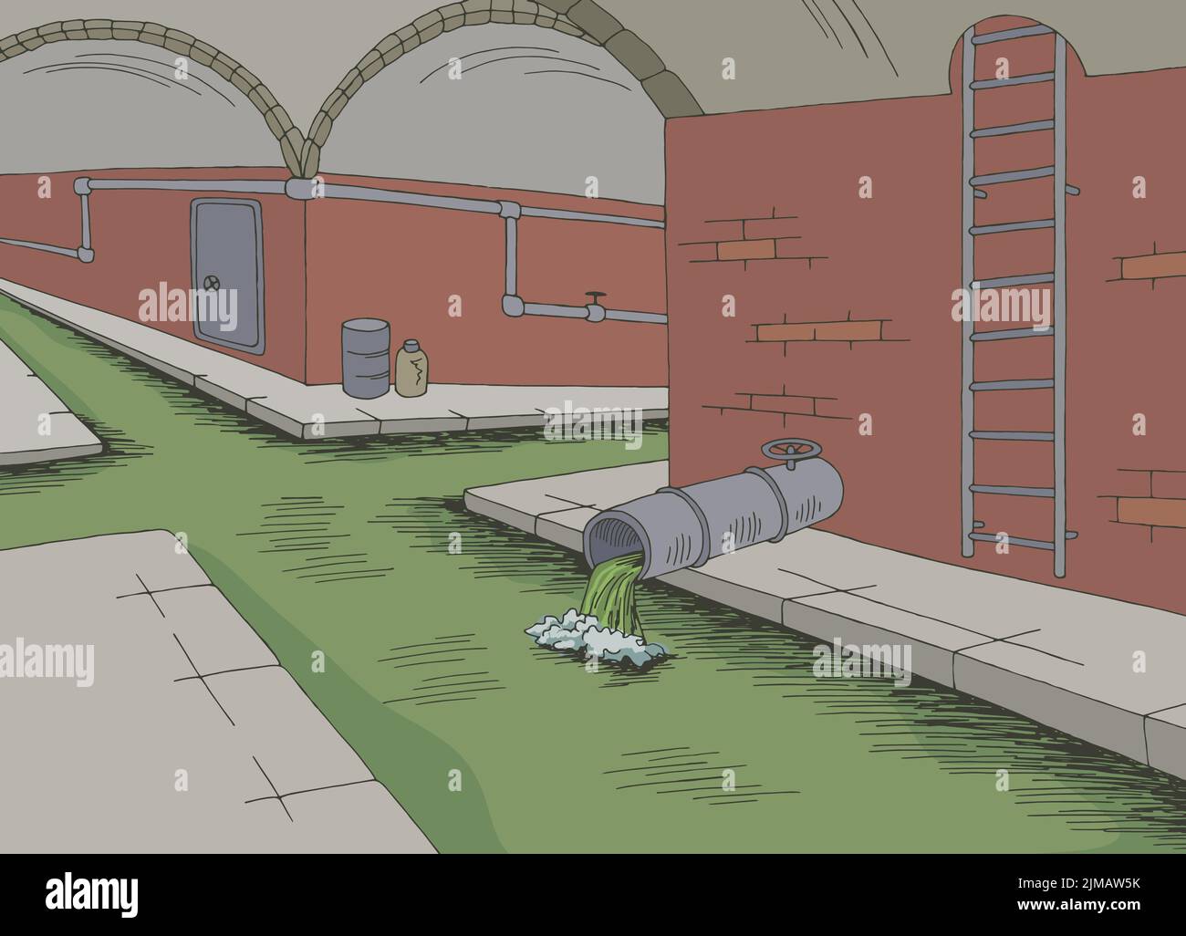 Sewerage tunnel pipe system color interior sketch illustration vector ...