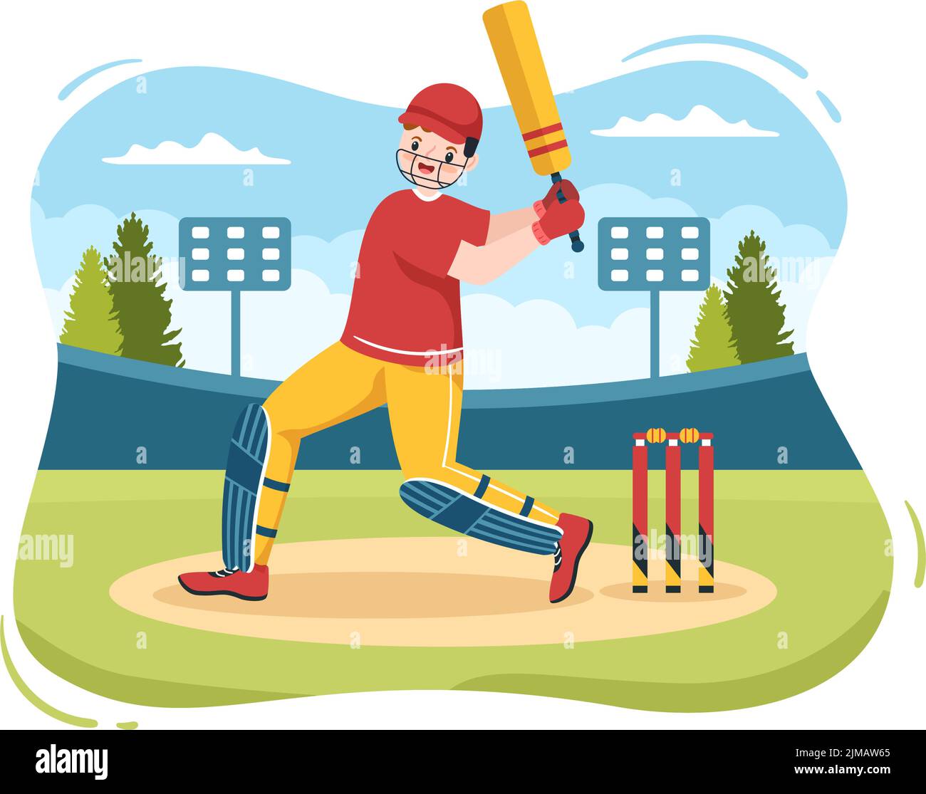 Batsman Playing Cricket Sports with Ball and Stick in Flat Cartoon ...