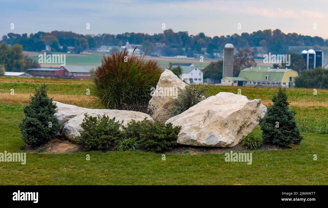 Amish Farm Landscape with a Rock Garden in the Foreground Stock Photo ...