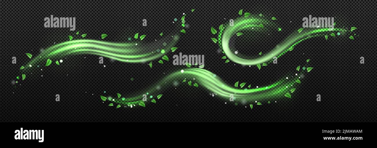 Abstract wind swirls with green leaves and sparkles isolated on ...