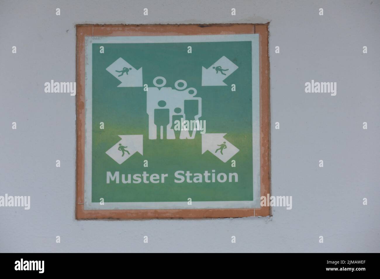 Cruise ship Muster station emergency sign for guest and crew togeather ...