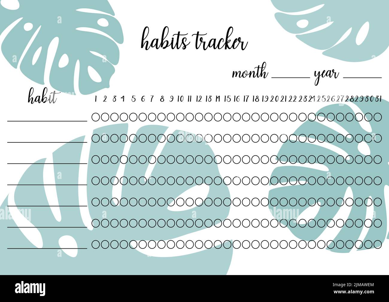 Habits tracker blank printable template. Notebook page horizontal A4 ...
