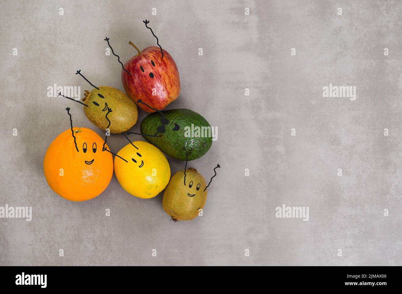 Great concept of healthy eating, diverse fruits with happy faces and ...