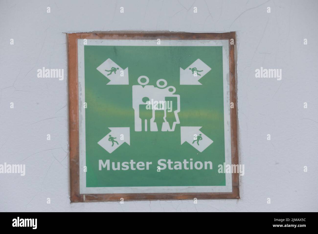 Cruise ship Muster station emergency sign for guest and crew togeather ...
